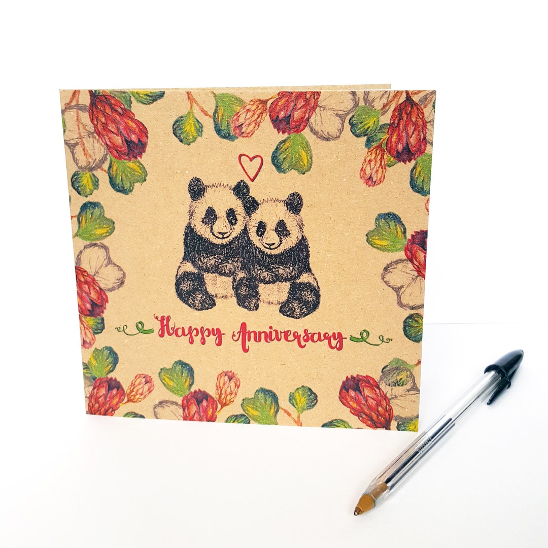 Happy Anniversary Card With Flowers and Pandas, Unique Illustrated ...