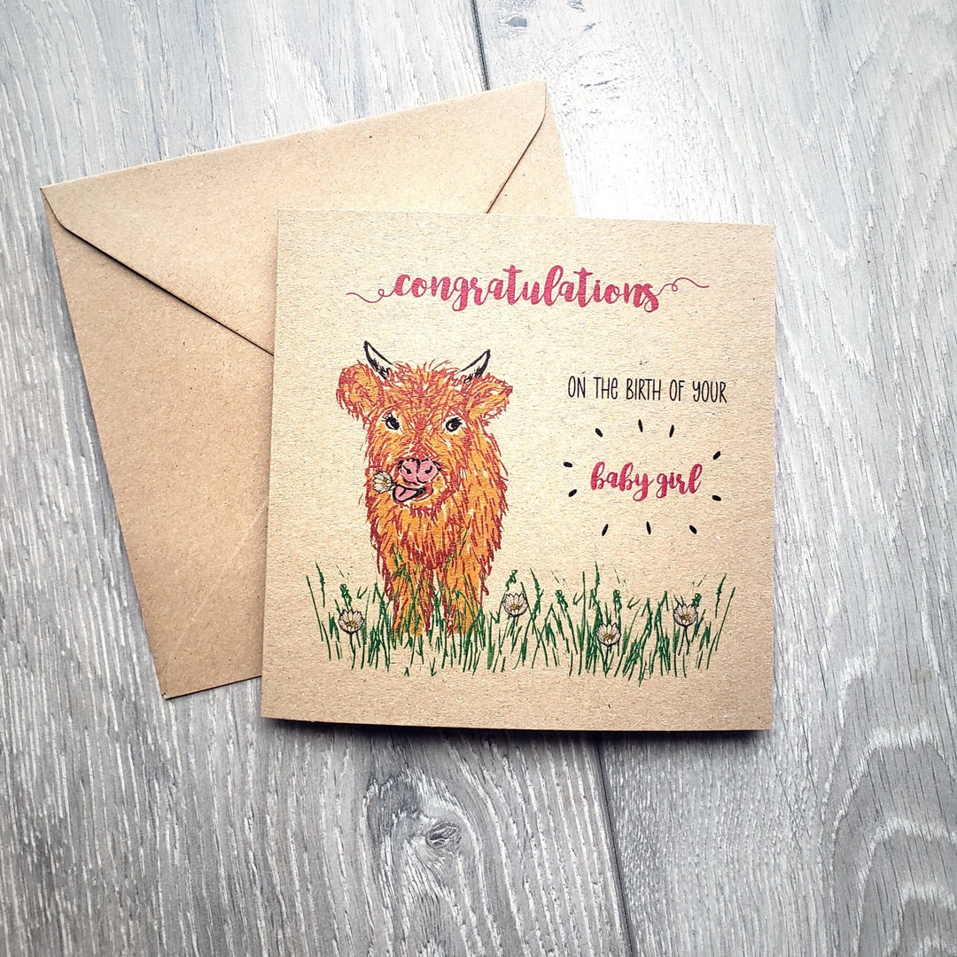 Baby Girl Congratulations Card With Highland Cow, Fun Cute New Born ...