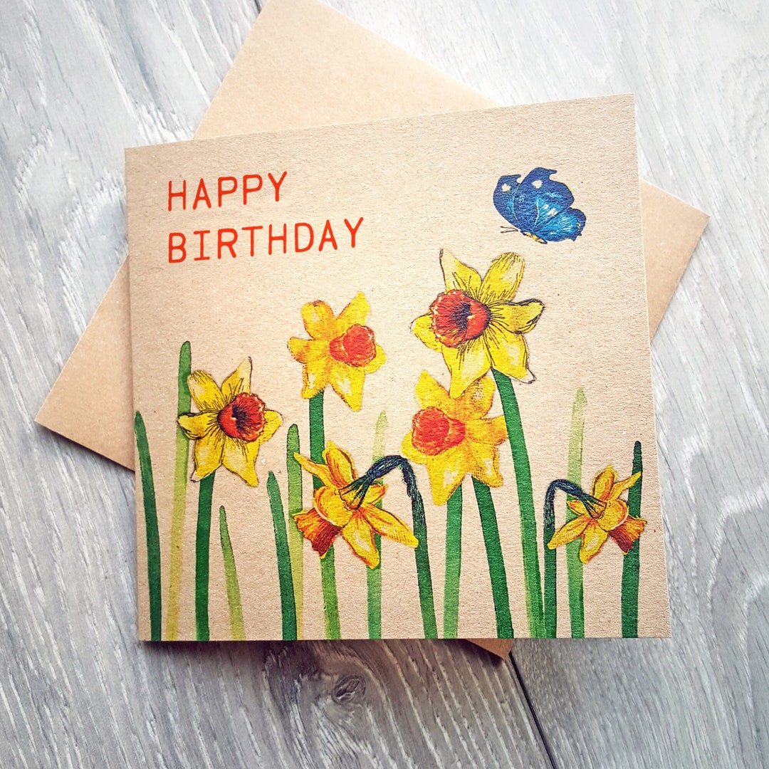 Daffodil Happy BIRTHDAY Card With Flowers & Butterfly, Unique ...
