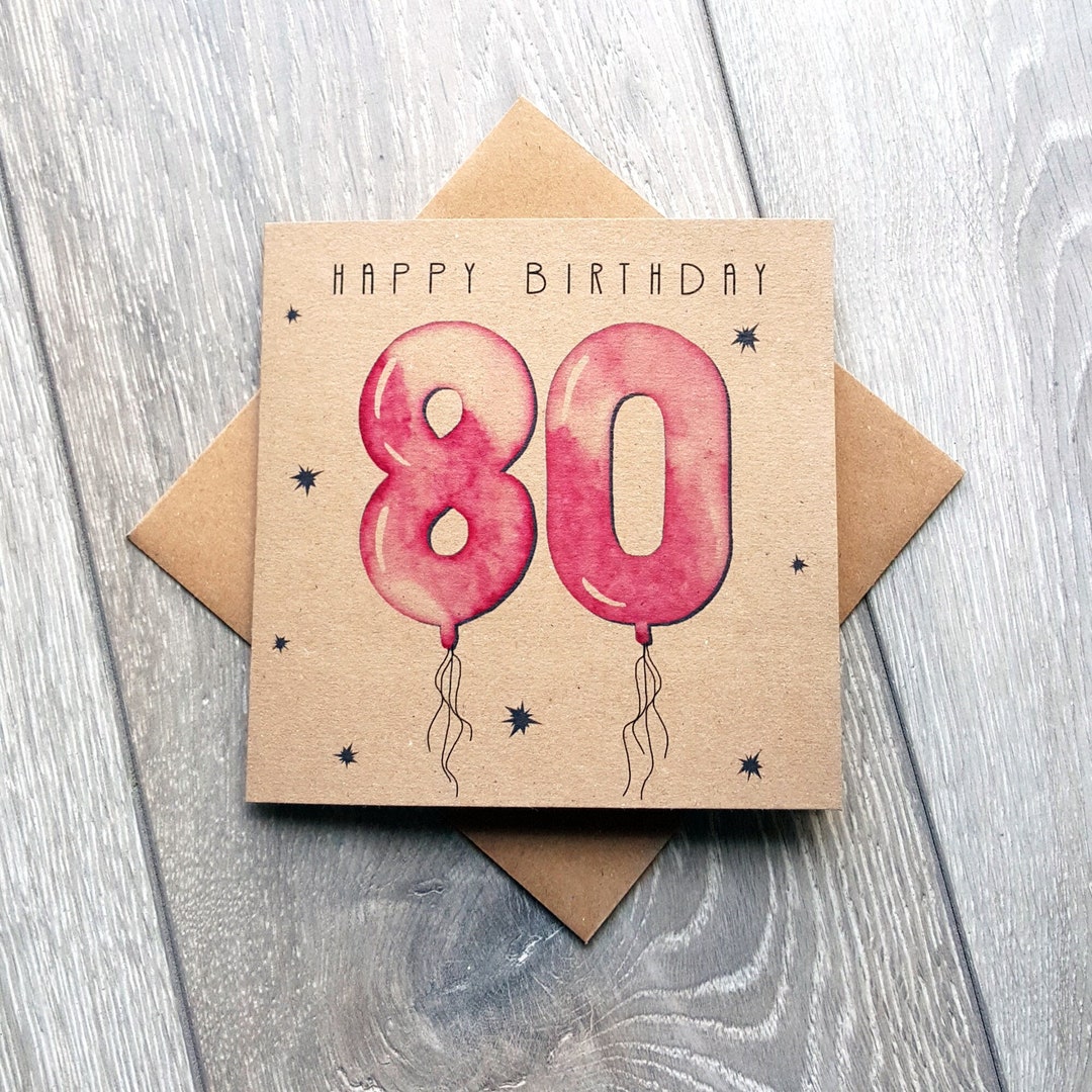 80th Birthday Card, Pink Balloon Age Card. Simple and Unique 80 Years ...