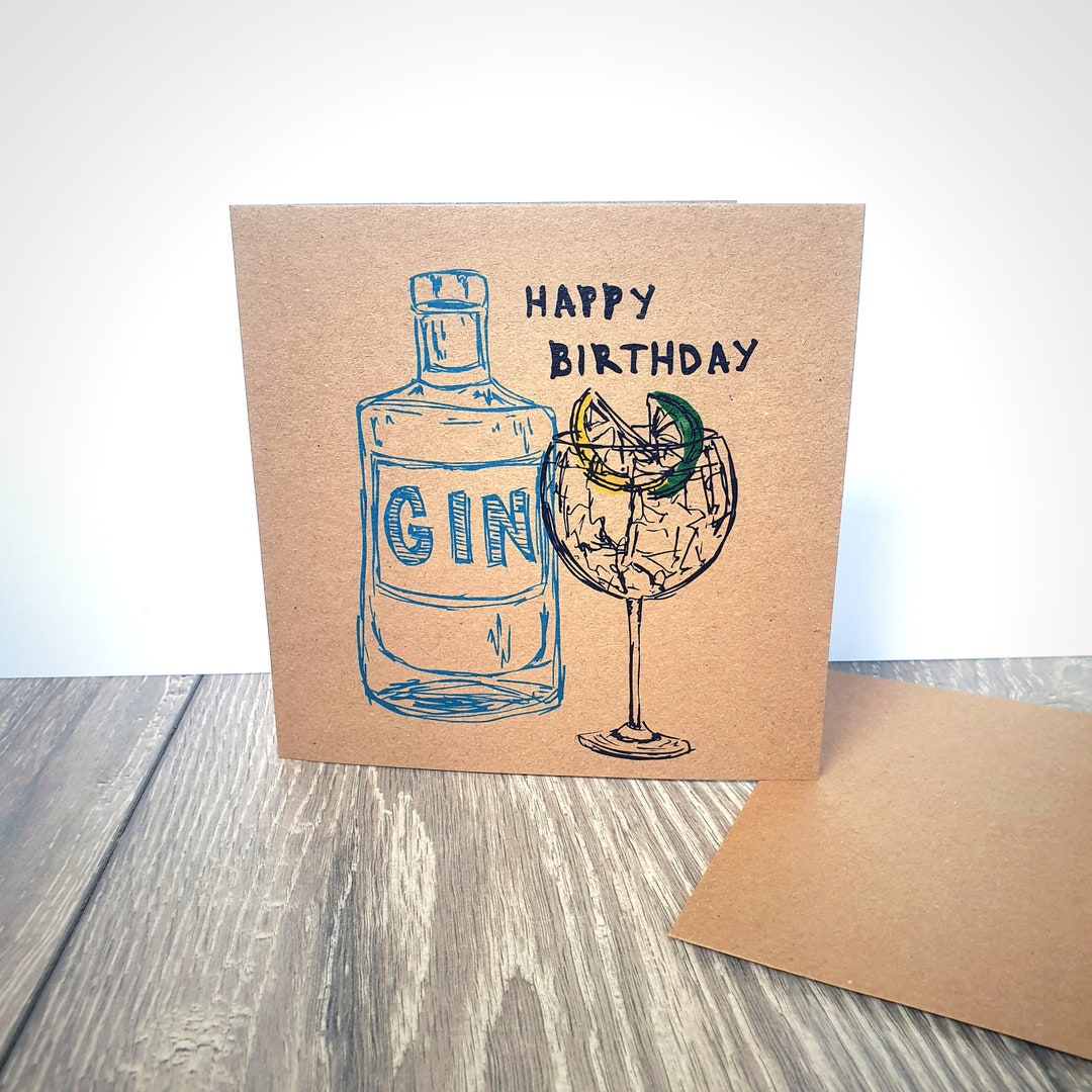 Gin Happy Birthday Card, Illustrated Bottle and Balloon Glass Cards ...