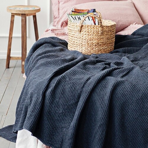 Light Blue Linen Throw Blanket Washed Bedspread Bed Cover Boho | Etsy