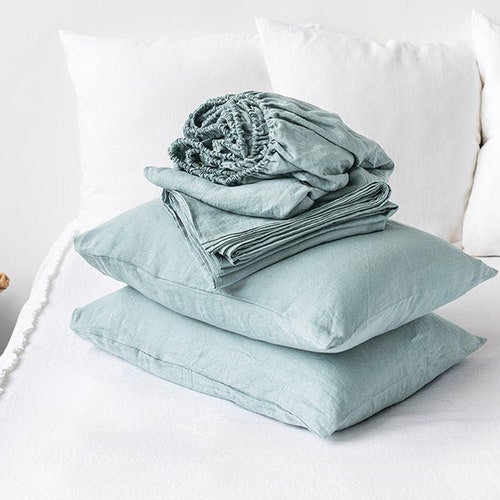 Dusty Blue Linen Sheet Set. Fitted Sheet Flat Sheet 2 - Etsy