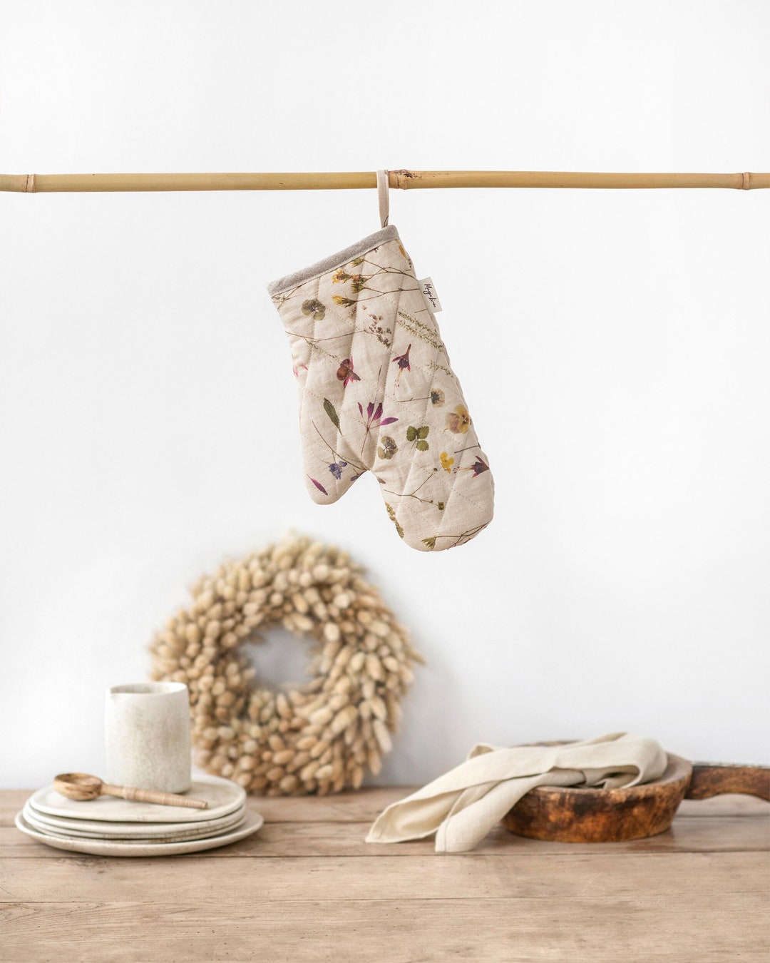 Linen Oven Mitt (1pcs) in Botanical Print | Oven Glove | Linen Kitchen ...