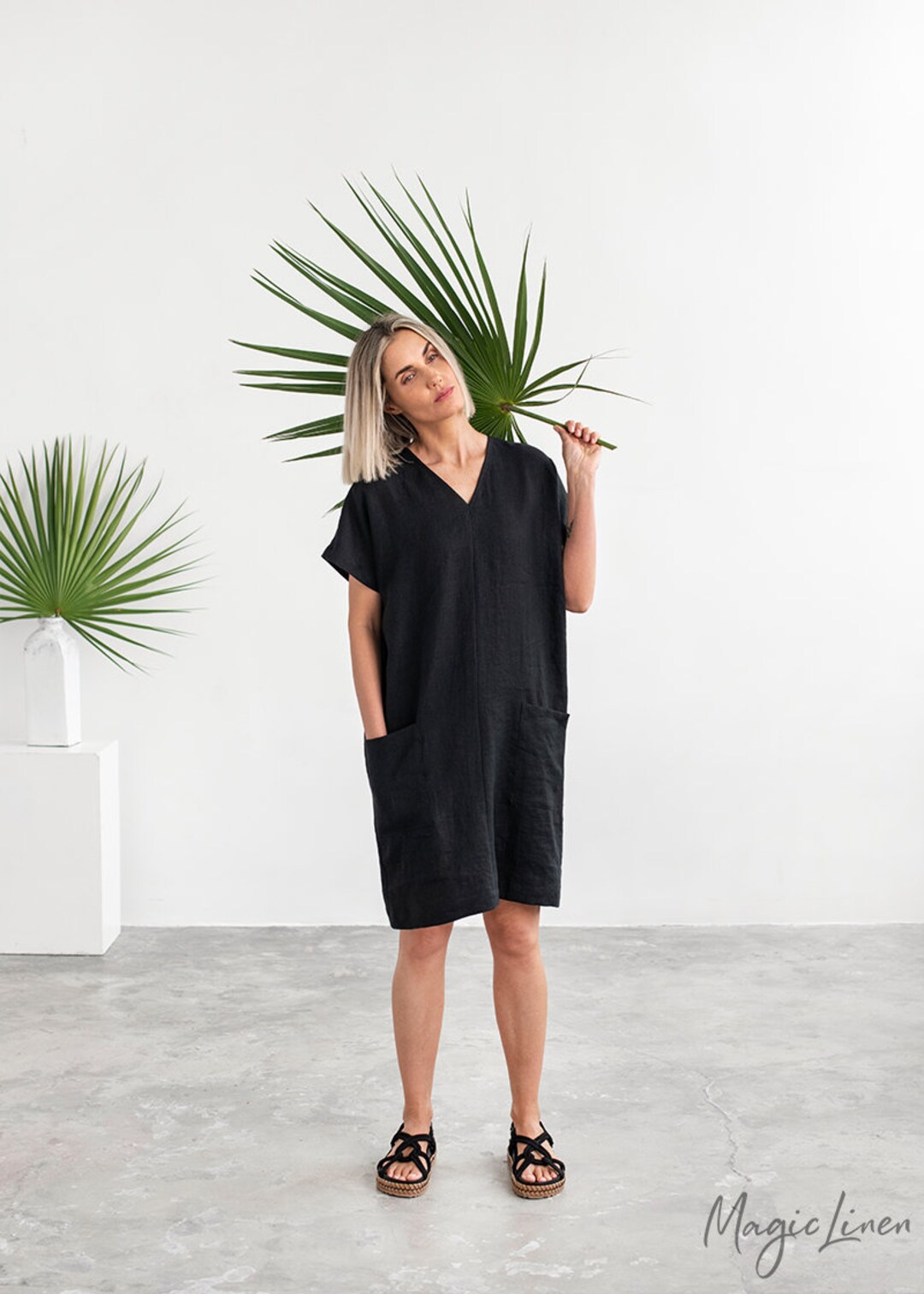 Linen Tunic TYBEE Black Linen Dress Short Sleeve Dress With Pockets ...