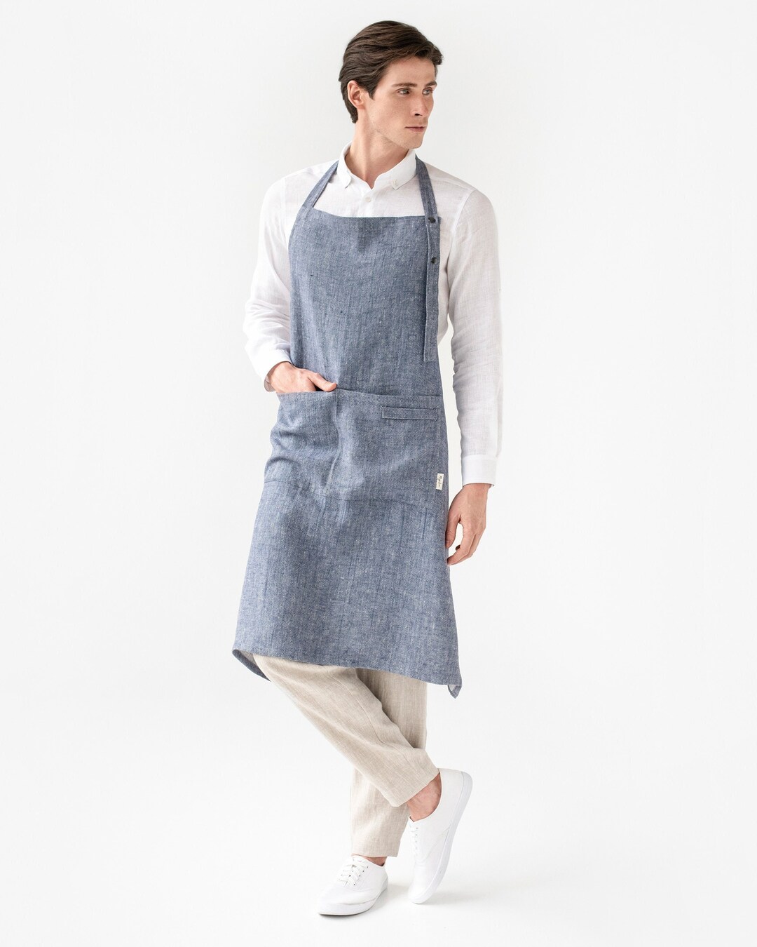 Men's Linen Apron in Denim Pattern / Heavy Linen / Mens Kitchen Apron ...