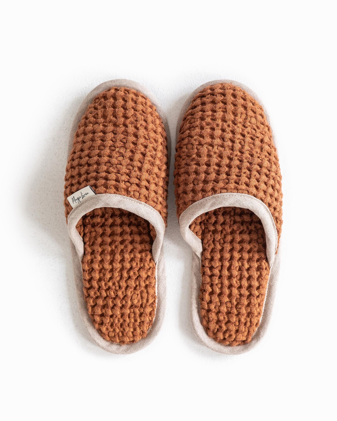 Linen Waffle Slippers in Cinnamon – Unisex House Shoes for Spa, Sauna ...