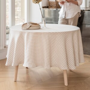 Round Linen Tablecloth in Natural Gingham. Checkered Tablecloth. Indoor ...
