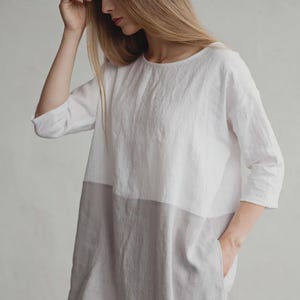Color Block Linen Dress for Women – White and Grey Midi Tunic – Boho ...