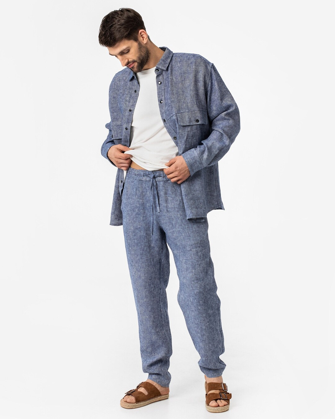 Men's Linen Shirt ASHEVILLE, Linen Overshirt in Denim Pattern ...