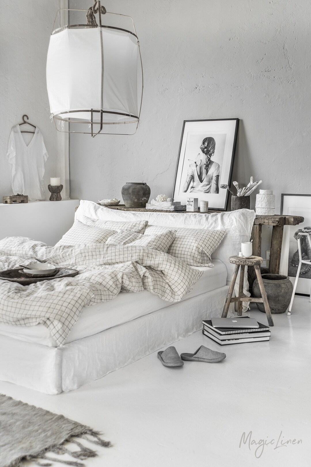 Charcoal Grid Linen Duvet Cover Set – 3 Piece Queen King Bedding ...