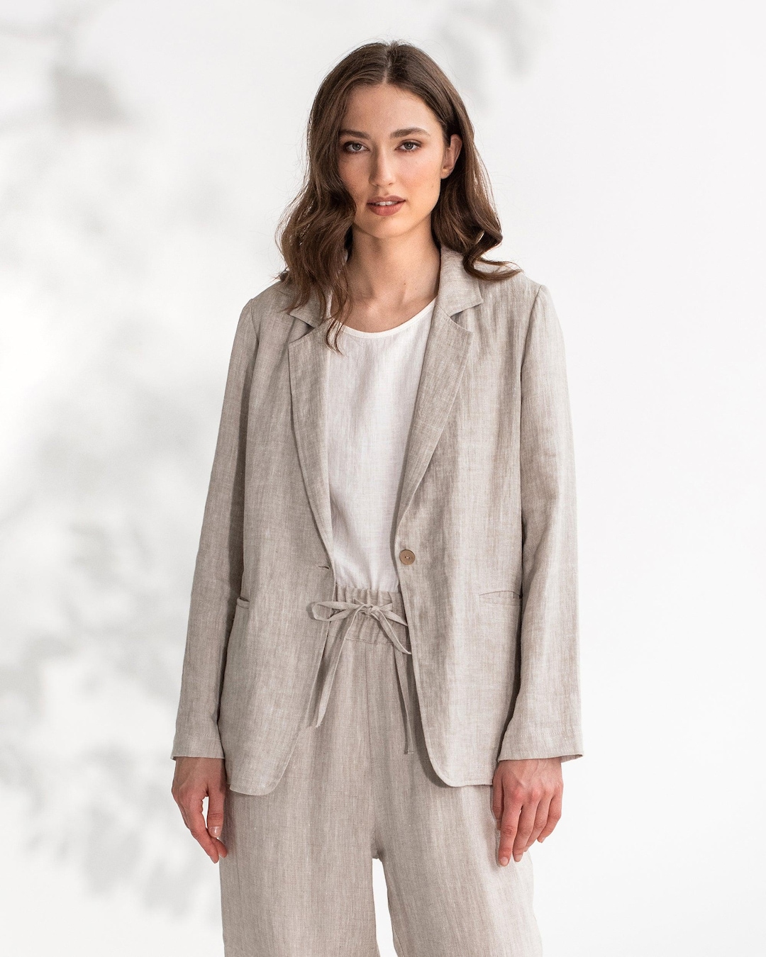Natural Melange Linen Blazer – Relaxed Fit One Button Jacket ...