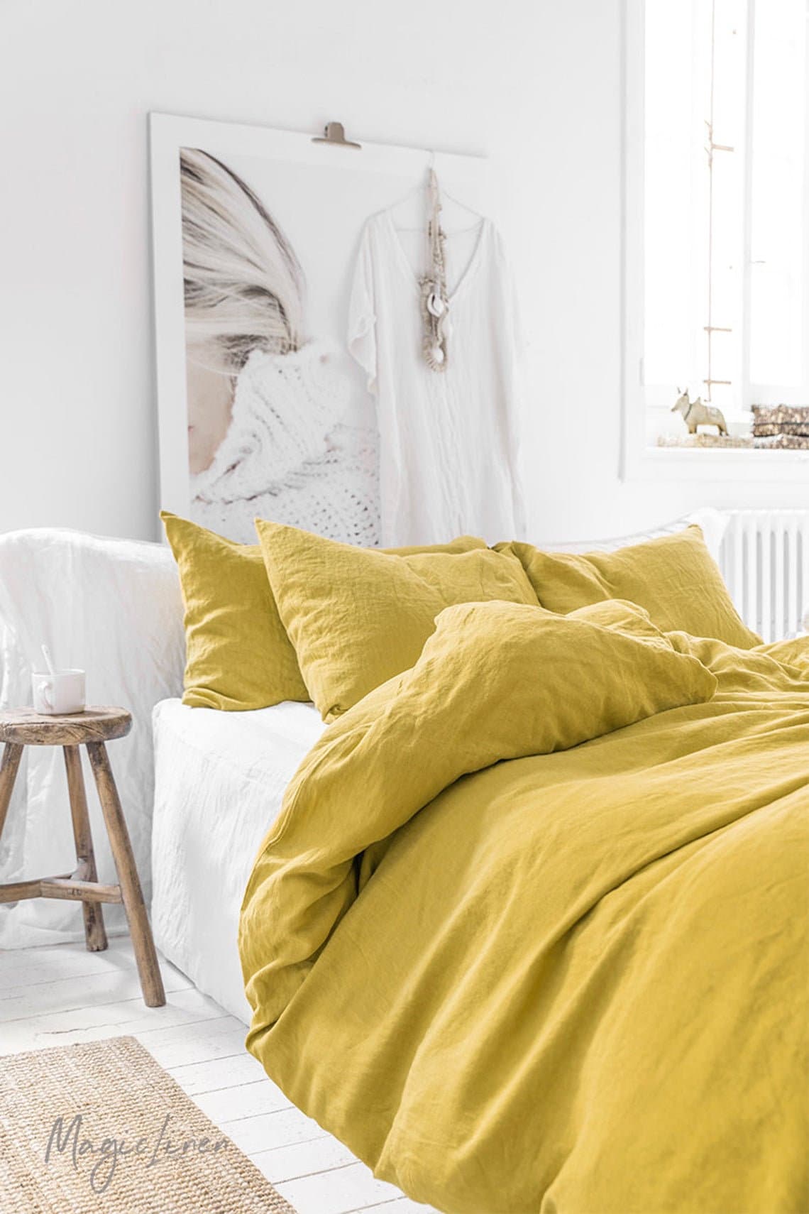 Linen Sheet Set in Moss Yellow Color. Fitted Sheet Flat - Etsy
