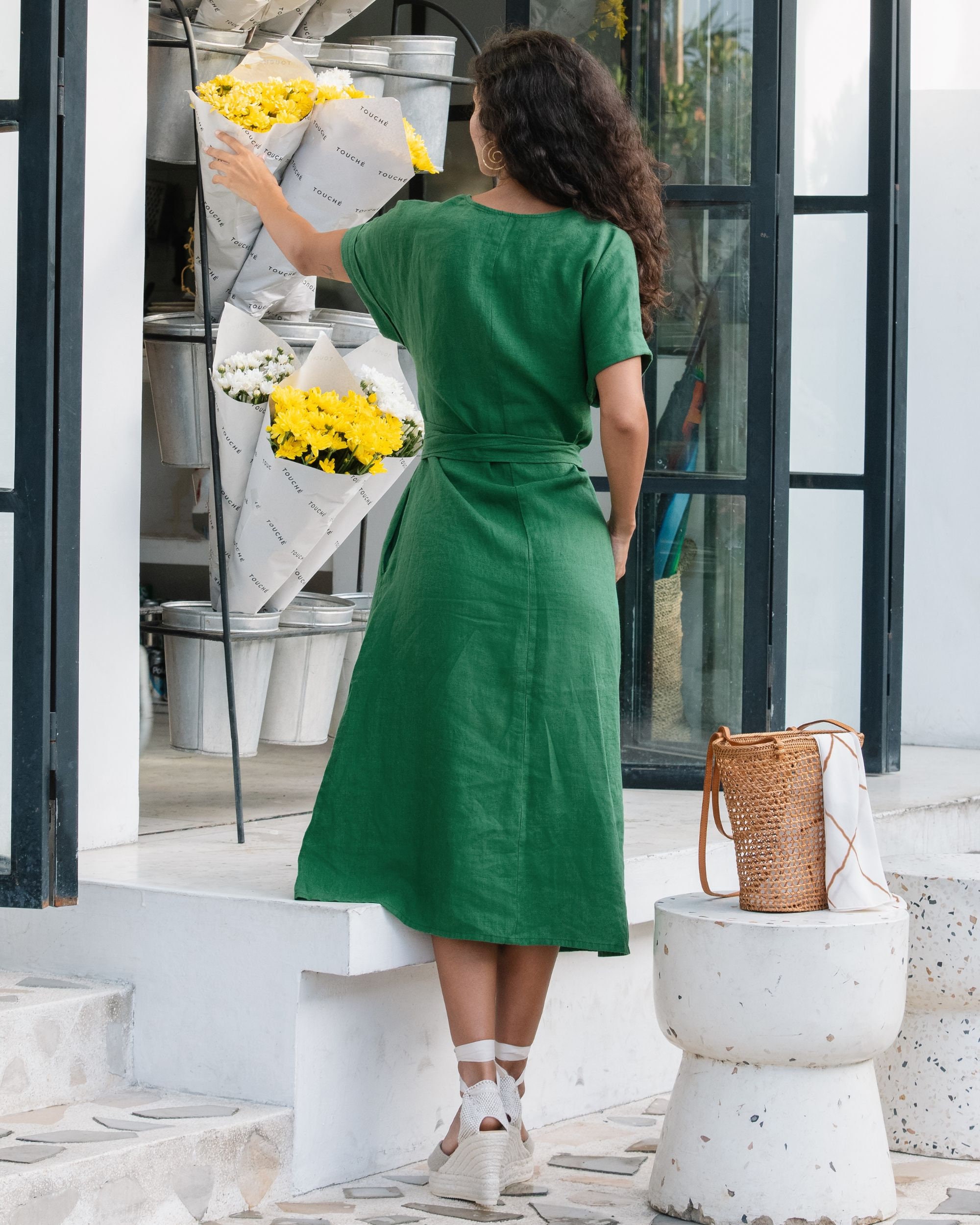 Linen Wrap Dress With Pockets – Short Sleeve Midi Dress in Deep Green ...
