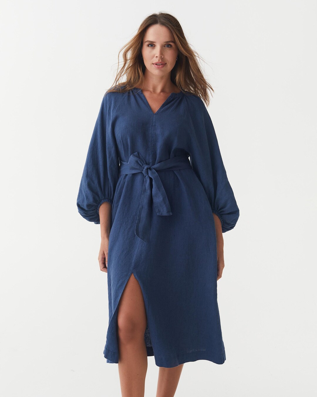 Kaftan Linen Dress THANDA in Deep Navy Blue - With V-neckline and ...