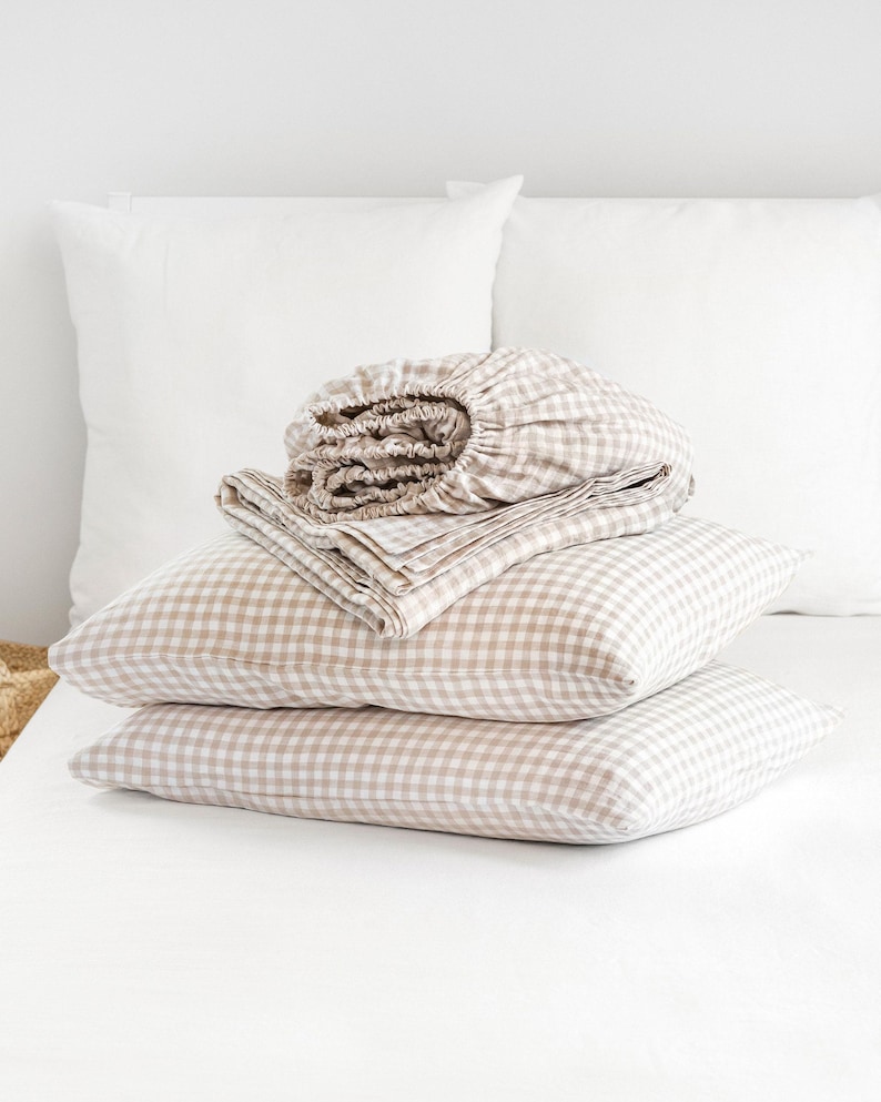 Natural Gingham Linen Sheet Set – Neutral Checkered Bed Sheets ...