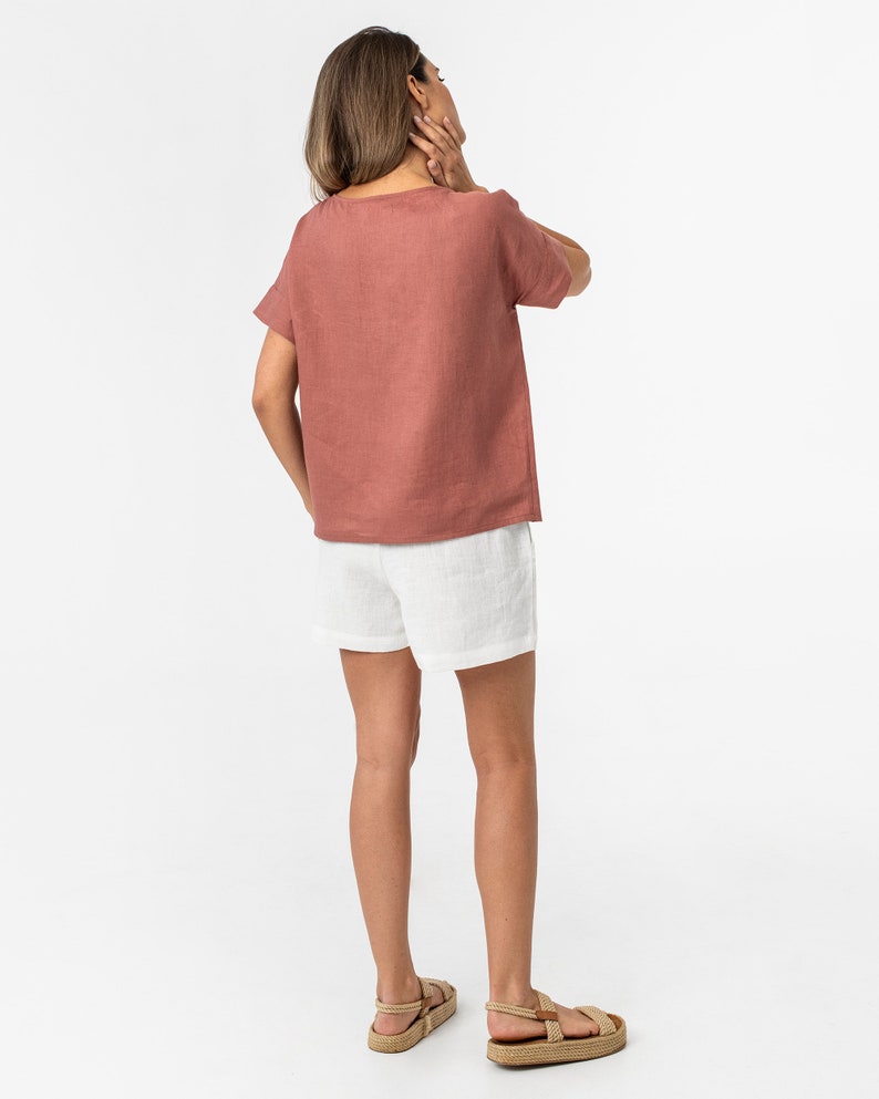 Loose Linen Blouse in Clay Pink – Short Sleeve Boat Neck Linen Shirt ...
