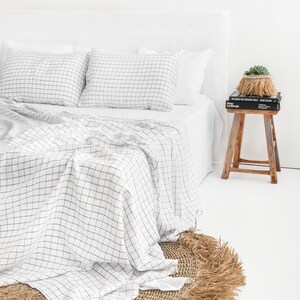 Linen Flat Sheet in Charcoal Grid windowpane Pattern. Custom Size Flat ...