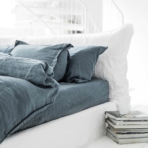 Linen Sheet Set in Gray Blue. Fitted Sheet, Flat Sheet, 2 Pillowcases ...