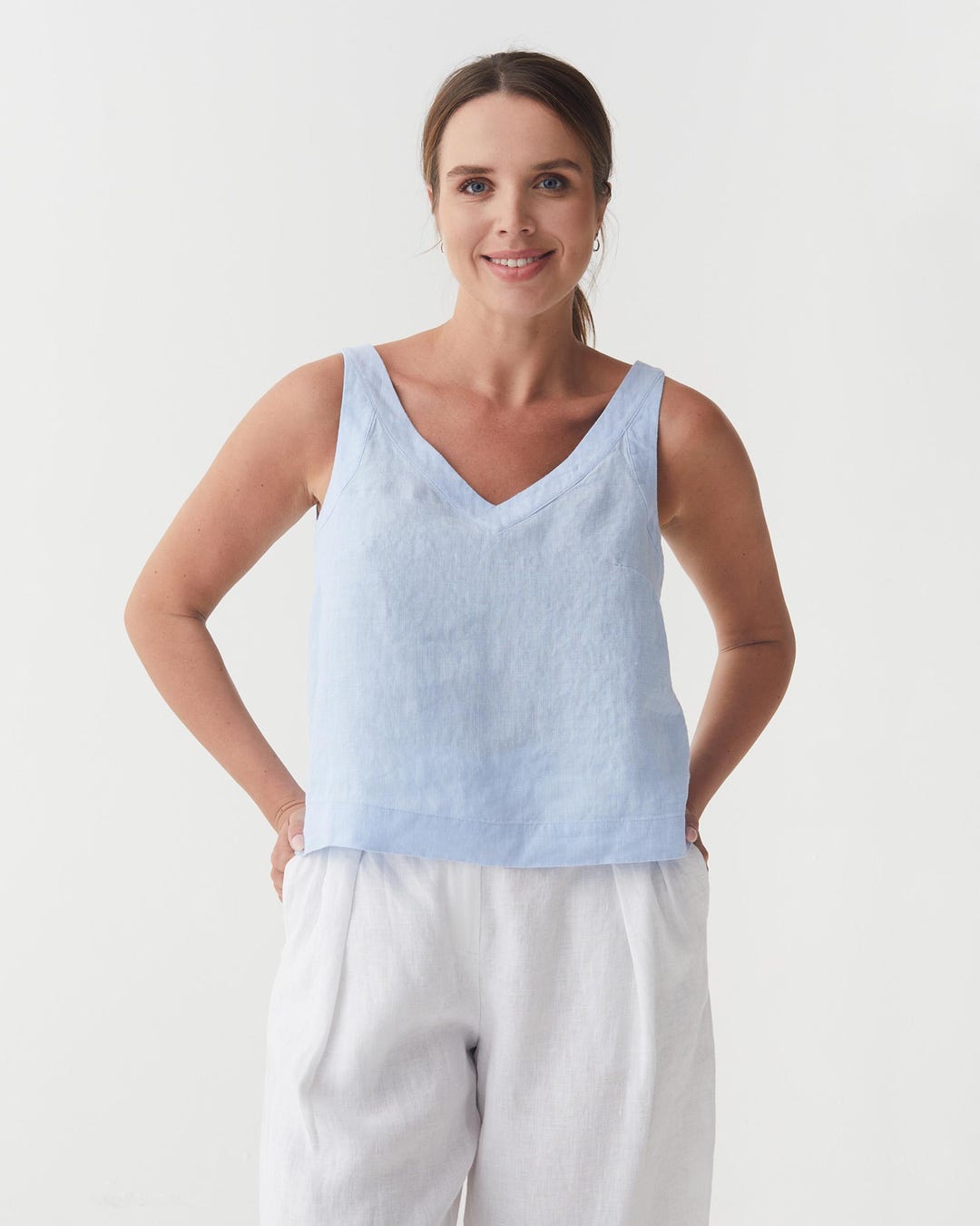 Vivid Blue Linen Tank Top – Bright V-neck Sleeveless Blouse ...