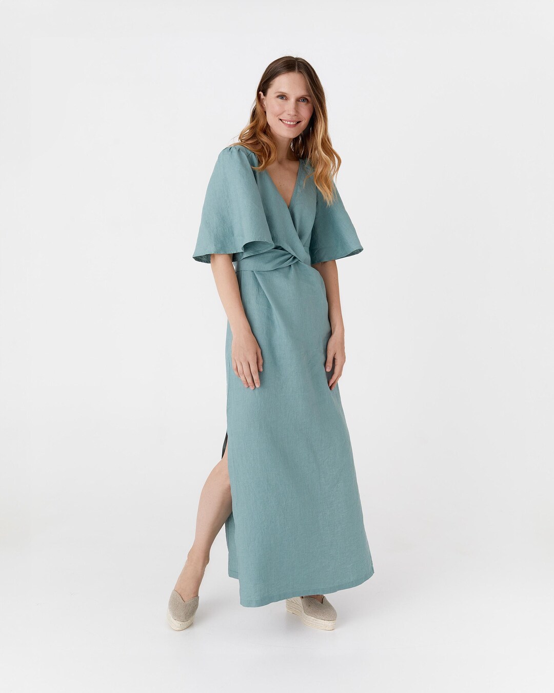 Teal Blue Linen Wrap Dress – Romantic Maxi Boho V Neck Gown With ...