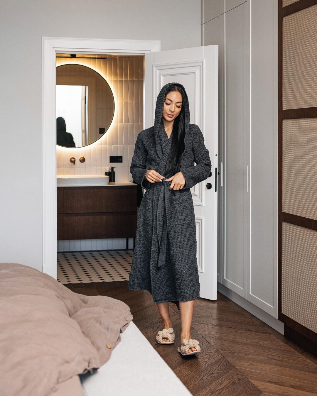 Linen Waffle Robe for Women – Soft Absorbent Spa Robe With Hood ...