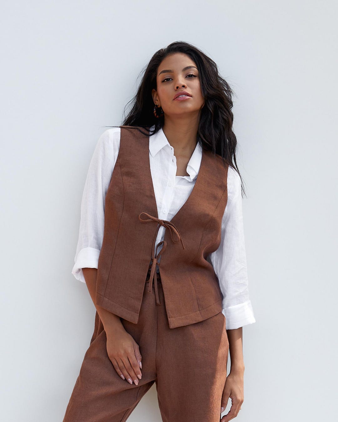 Linen Vest With Ties SEDILO, Cacao Brown Vest, Sleeveless Linen Vest ...