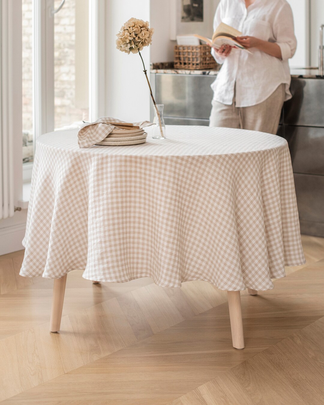 Round Linen Tablecloth in Natural Gingham. Checkered Tablecloth. Indoor ...