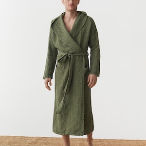 Men’s Waffle Linen Robe With Hood – Lightweight Stonewashed Bathrobe ...
