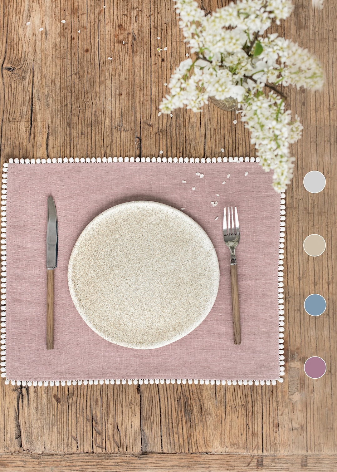 Pom Pom Linen Placemats – Set of 2 Soft European Linen Table Mats ...