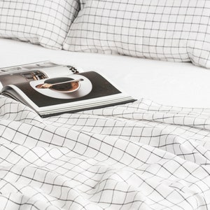 Linen Flat Sheet in Charcoal Grid windowpane Pattern. Custom Size Flat ...