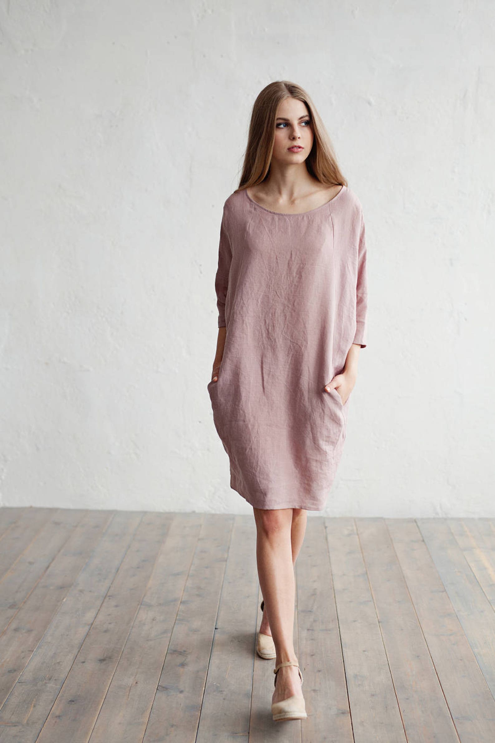 Loose Fit Linen Dress ARUBA in Woodrose / Long Sleeve Linen - Etsy