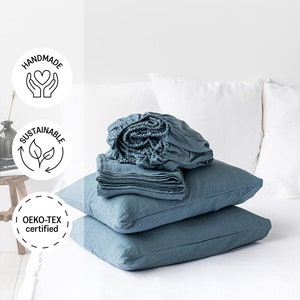 Linen Sheet Set in Gray Blue. Fitted Sheet, Flat Sheet, 2 Pillowcases ...