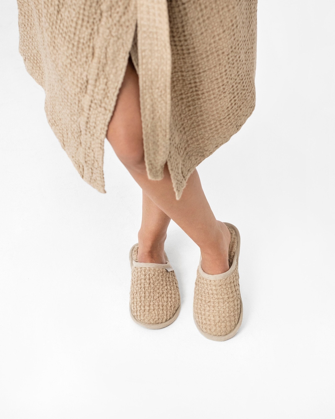 Linen Waffle Slippers for Women and Men in Beige – Stonewashed Spa ...