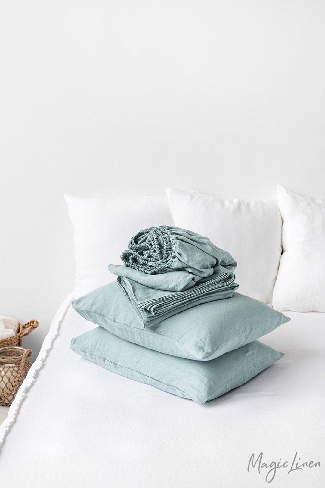 Dusty Blue Linen Sheet Set. Fitted Sheet, Flat Sheet, 2 Pillowcases ...