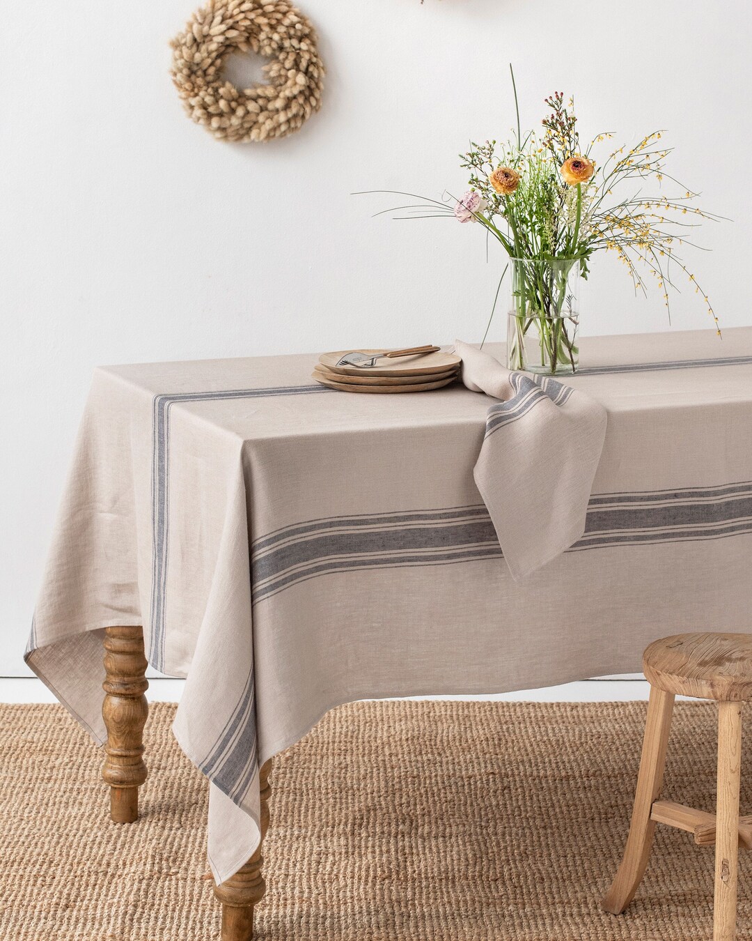 Gray Striped Traditional Linen Tablecloth Rustic Table Dining Decor ...