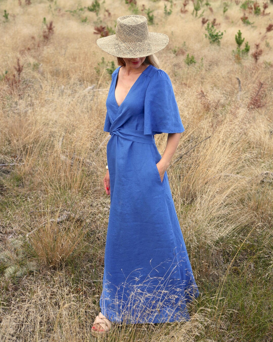 Cobalt Blue Linen Dress – Boho Maxi Wrap Dress With Pockets – Elegant V ...