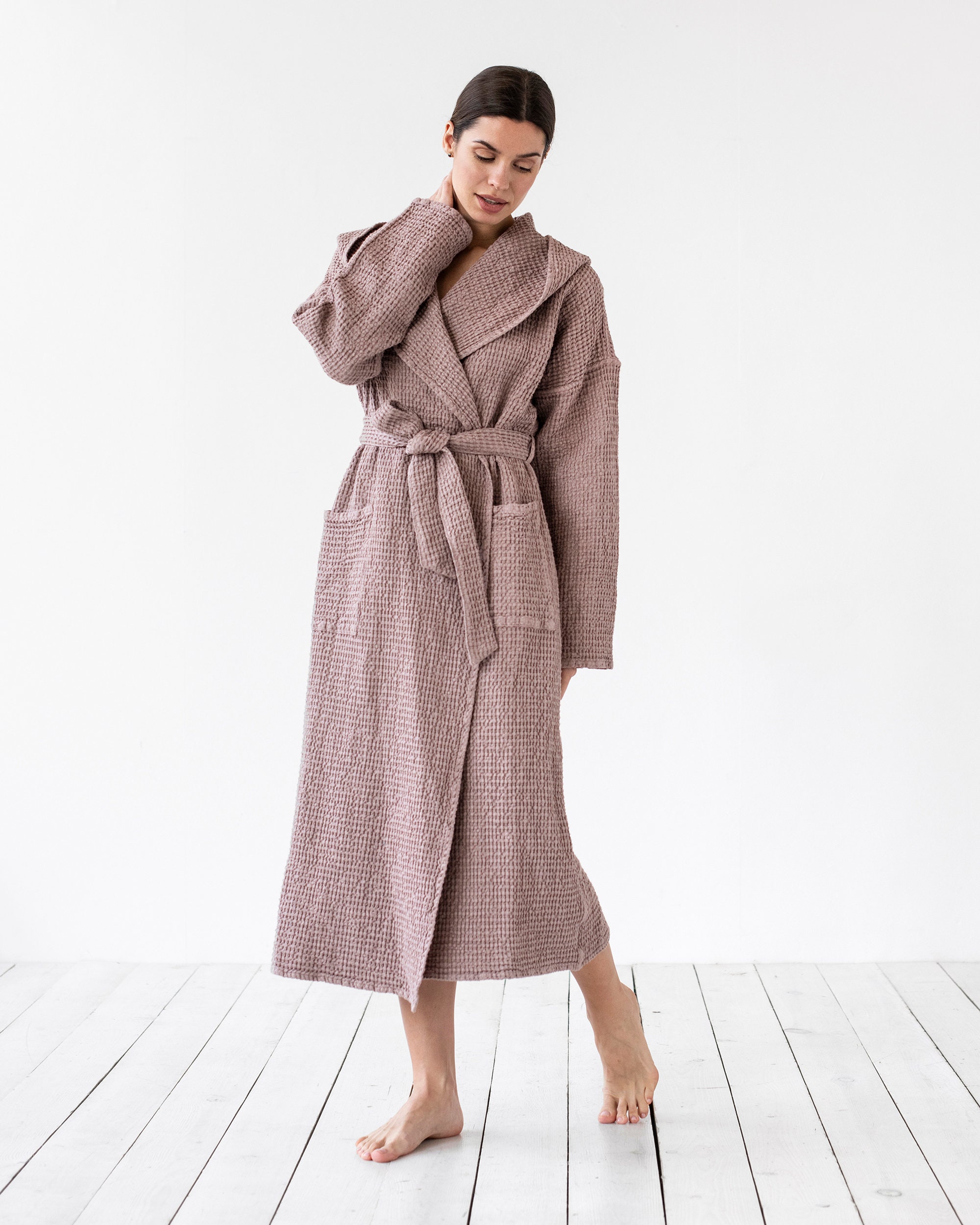 Eco Friendly Waffle Linen Robe – Lightweight Hooded Bathrobe for Women ...