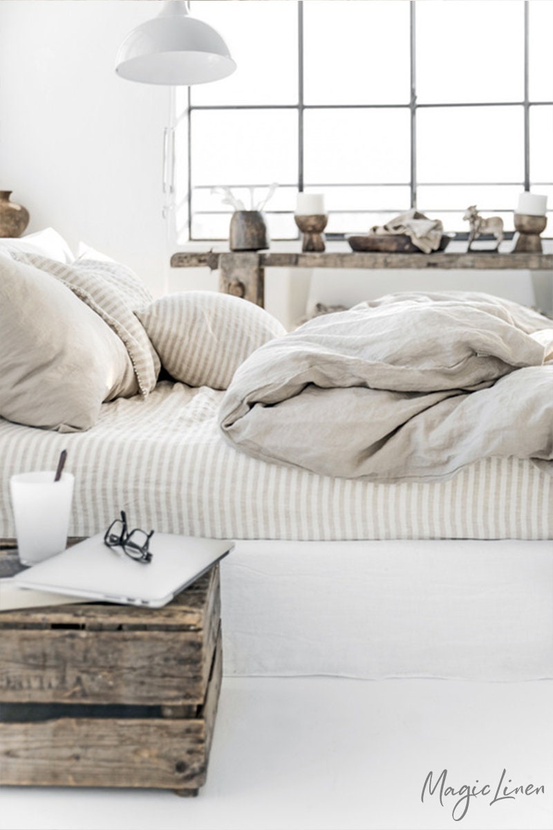 Natural Striped Linen Fitted Sheet. King / Queen / Custom - Etsy