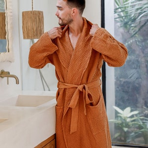 Men’s Waffle Linen Robe With Hood – Lightweight Stonewashed Bathrobe ...