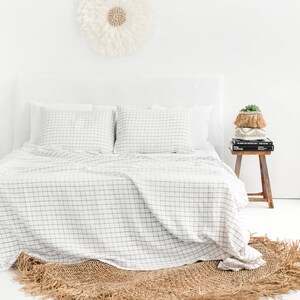 Linen Flat Sheet in Charcoal Grid windowpane Pattern. Custom Size Flat ...