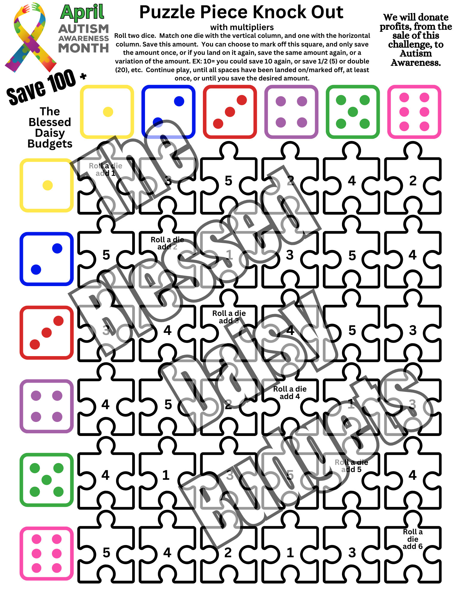 Autism Puzzle Piece Knockout/savings Challenges/autism Awareness ...