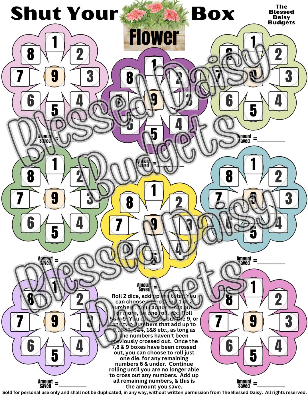 Shut Your Flower Box/shut the Box/shut the Box Savings Challenge/shut ...