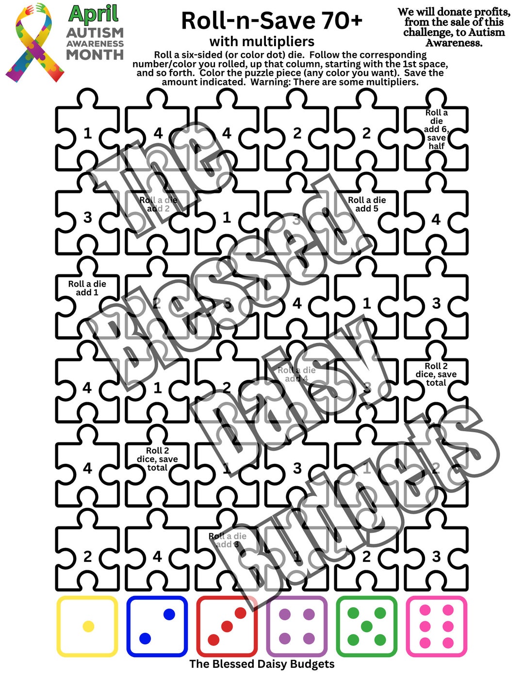 Autism Awareness Donation/roll N Save Savings Challenge/roll N Save ...