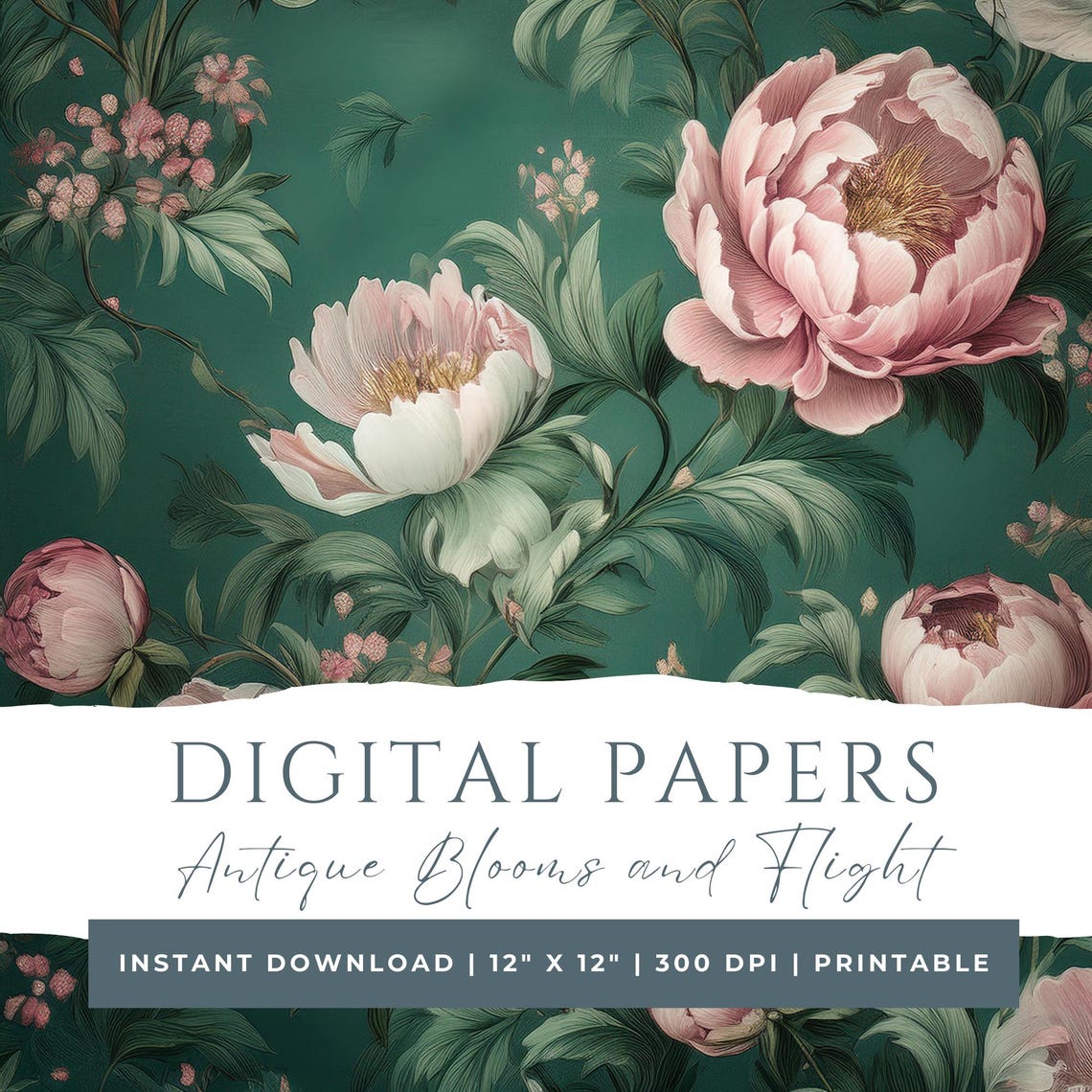 Vintage Botanical Digital Paper Set | Single 300DPI 12"x12" Floral and ...