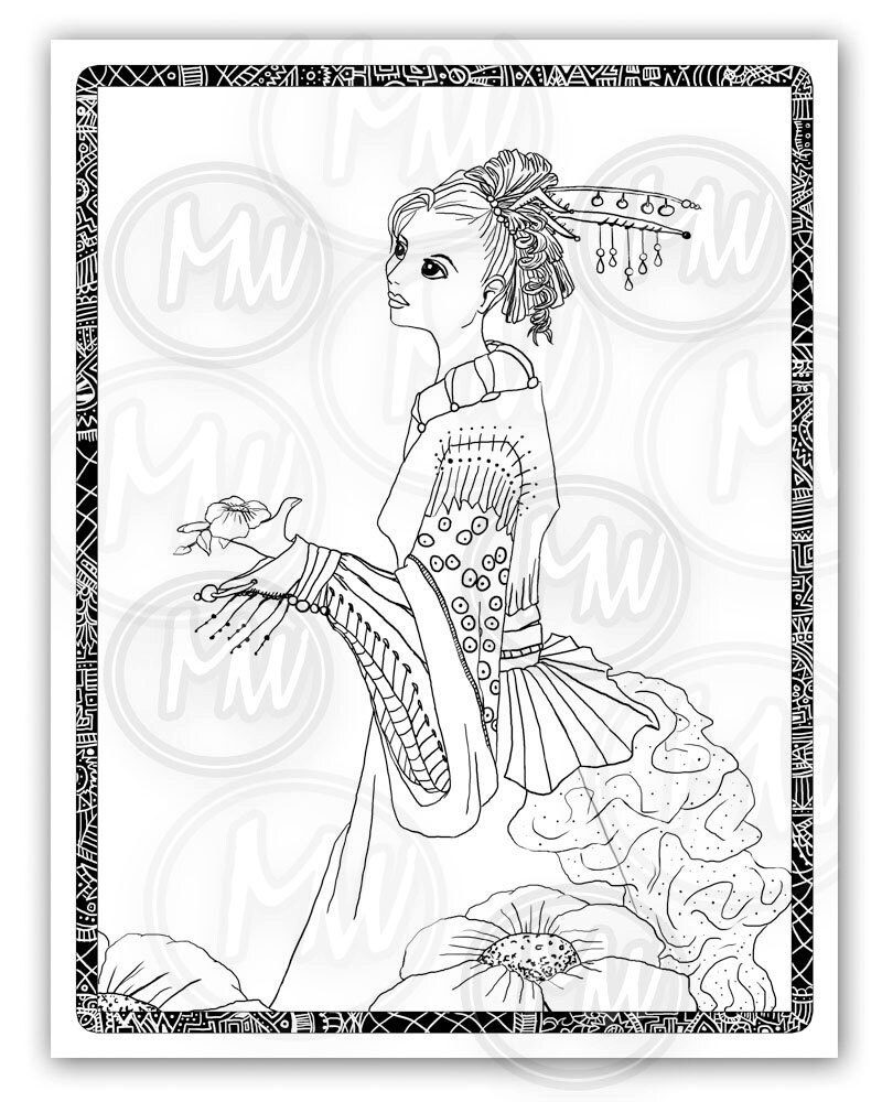 Princess, Geisha, Printable, Coloring Page, Digital Stamp, Black ...