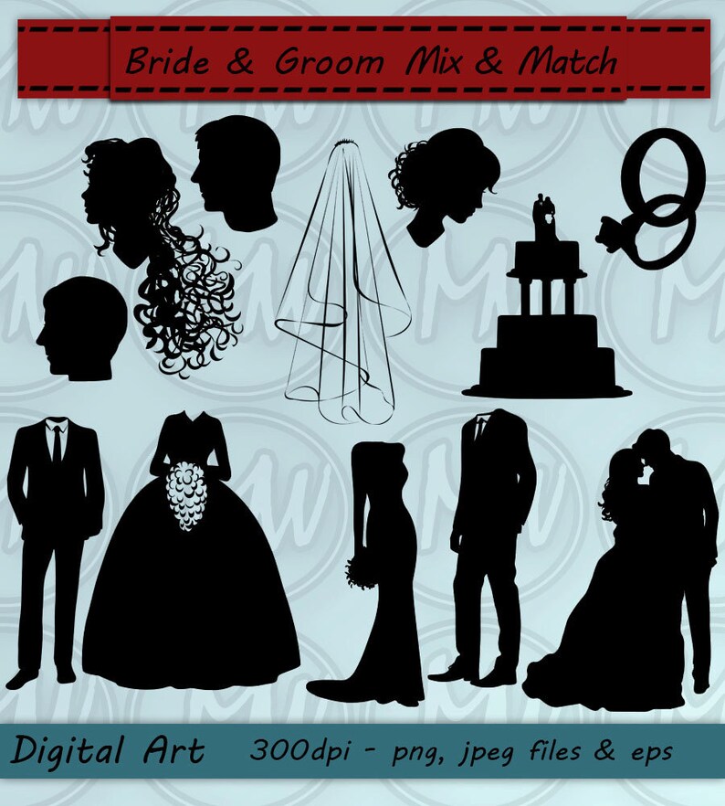 Wedding Clipart, Silhouette, Bride & Groom, Clip Art, Mix, Match, Head ...