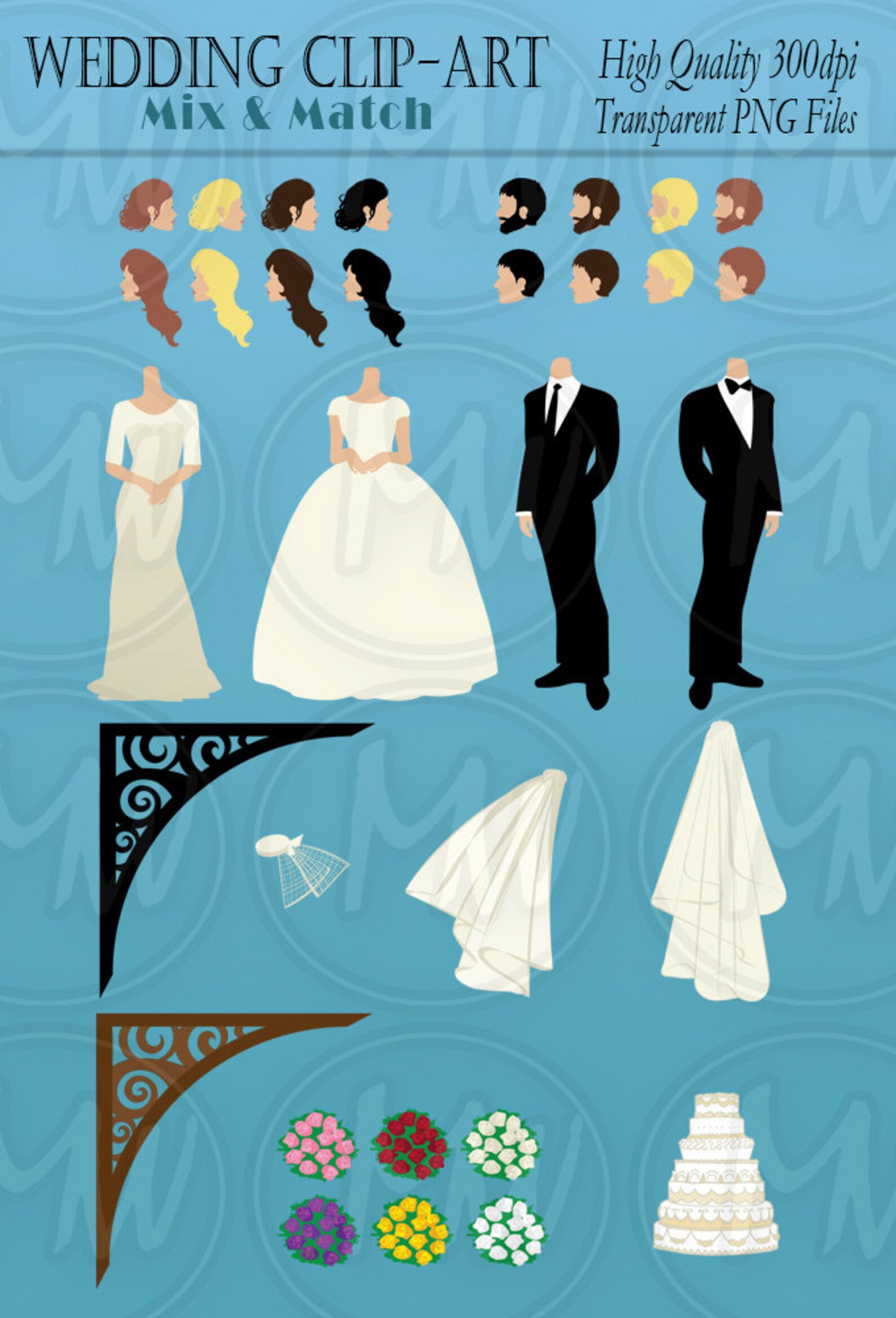 Wedding Clipart, Bride, Groom, Color Wedding Clip Art, Vector ...
