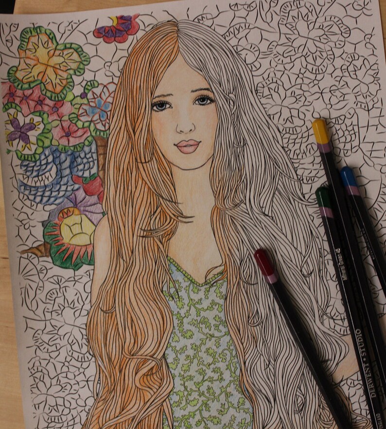 Adult Coloring Page Woman Face Long Hair Illustration - Etsy Finland