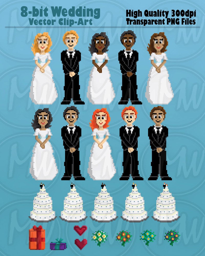 Pixel Wedding Clipart, Wedding Pixel Art, Invitación de boda, Novia ...